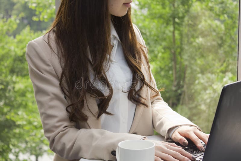 Business Woman Standing in Front of Laptop Computer in Office Stock ...
