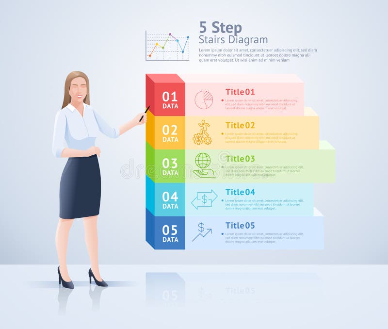 Business Woman Standing Presentation with Infographics Vector ...