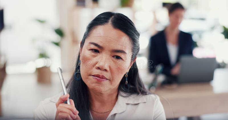 Business, Woman and Thinking with Computer in Office for Article ...