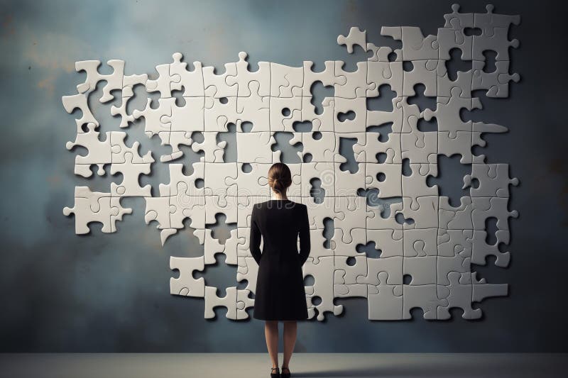 Business Woman Thinking in Front of Jigsaw Puzzle Wall. by Generative ...
