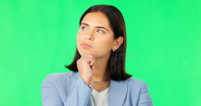 Business, Woman and Thinking on Green Screen of Ideas, Questions and ...