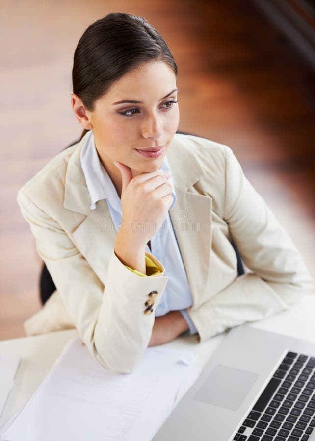 Business Woman, Thinking and Planning on Computer for Human Resources Decision, Career Solution ...