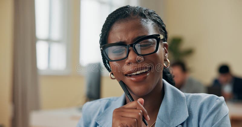Business Woman, Thinking and Solution with Smile for Article Research ...