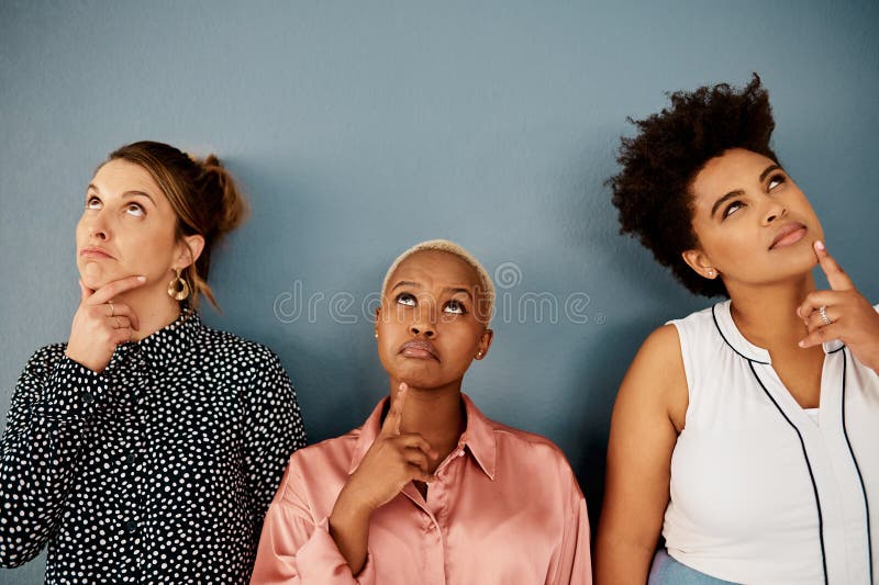 Business Woman, Thinking and Teamwork on Wall Background for Ideas ...