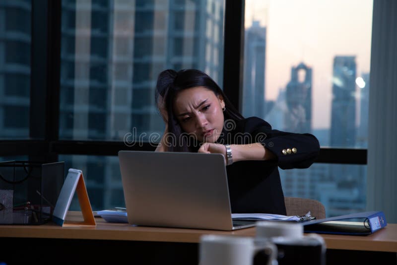 Business Woman Tired Office Worker Sitting at Desk Using Computer and ...