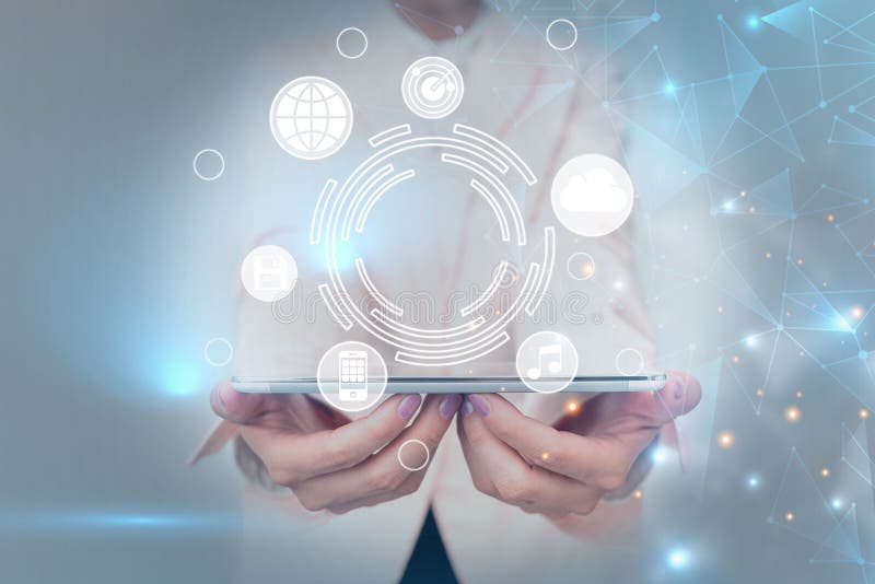 Business Woman Touching Futuristic Virtual Display Holographic ...