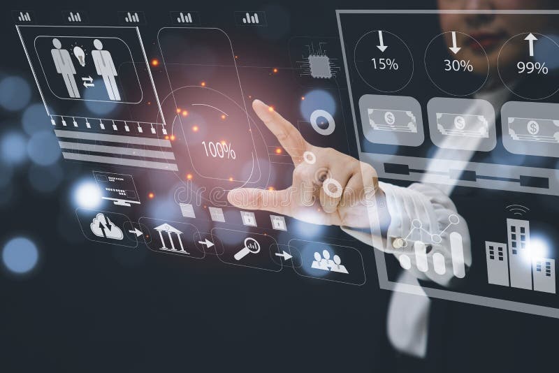 Business Woman Touchscreen on the Graph Screen Icon of a Media Screen ...