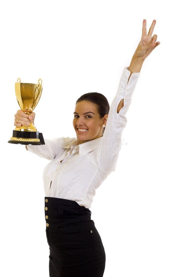 Business Woman with Trophy Award Stock Image - Image of achievement ...