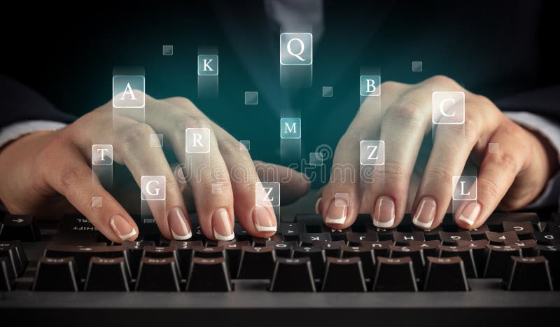 Woman Typing on Keyboard with Letters Around Stock Image - Image of ...