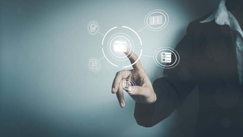 Business Woman Use Finger Touch Screen Folder Manage File,online Data ...