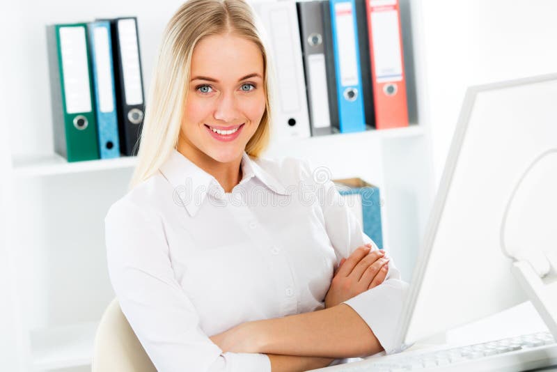 Business Woman Using Computer at Office Stock Photo - Image of blonde ...