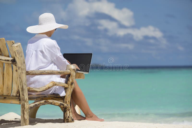 Business Woman Using Laptop Computer on the Beach Stock Image - Image ...