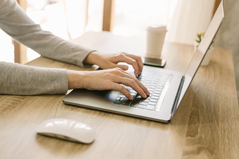 Business Woman Using Laptop Computer Do Online Activity on Wood Table ...