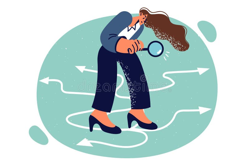 Business Woman Using Magnifying Glass Standing Near Arrows Symbolizing ...