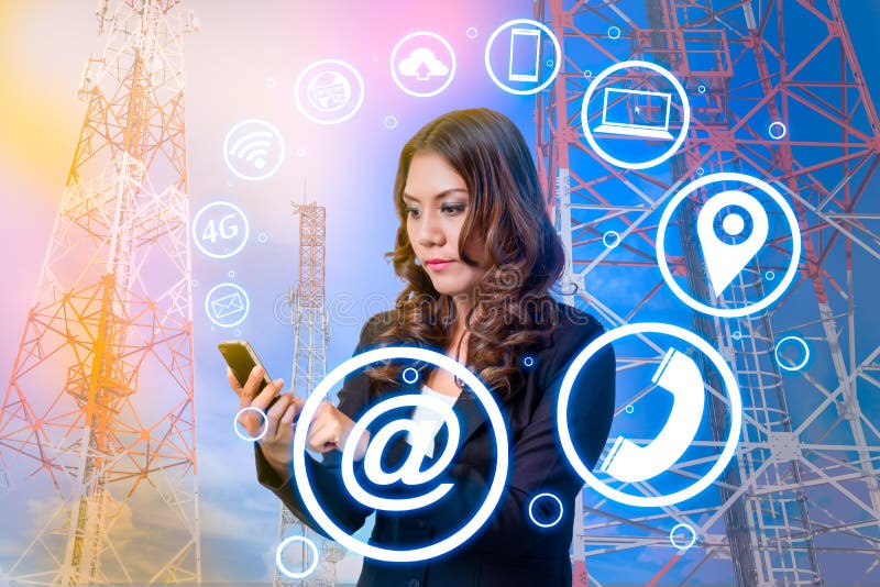 Business Woman Using Smartphone and Icon Stock Photo - Image of icon ...