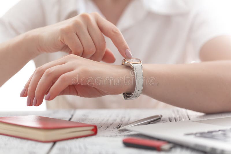 Business Woman with Watch at Office Control Time Stock Image - Image of ...