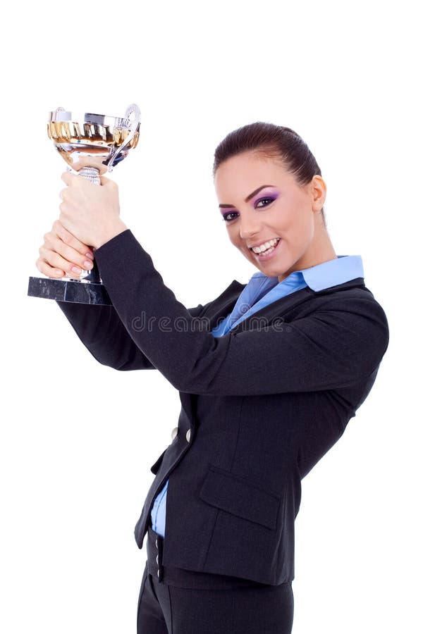 Woman Winning a Gold Trophy Stock Photo - Image of holding, competition ...