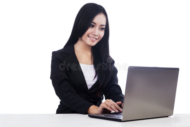 Business Woman Work with Laptop Isolated in White Stock Image - Image ...