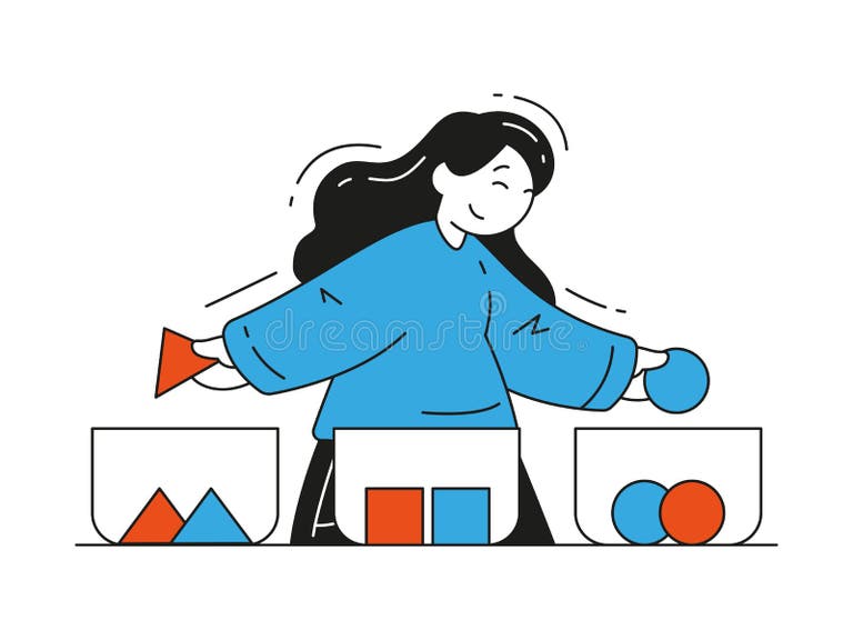 Business Woman during Work Process Sorting Data Analysis Vector Flat ...