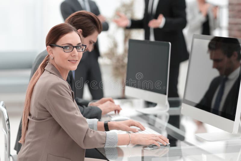 Business Woman Working on a Computer in a Business Center Stock Image ...