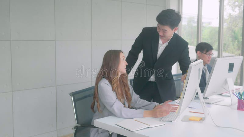 Business Woman Working with Computer and Having Problem, Friend Man ...