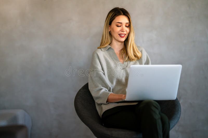 Business Woman Working on Laptop at Home Office. Remote Teacher, Remote ...