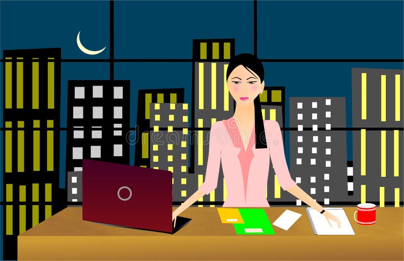 Business Woman Working Late Night Stock Vector - Illustration of ...