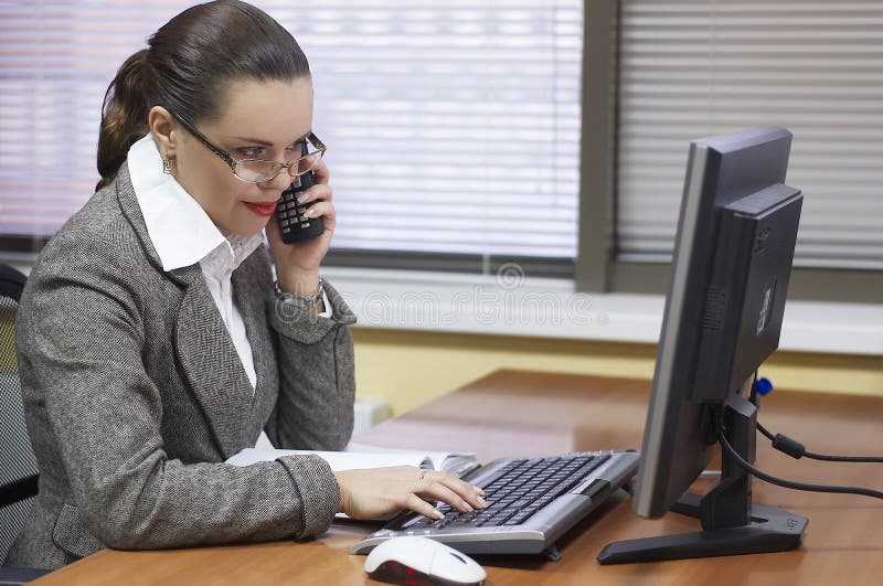 Business Woman Works Behind the Computer Stock Image - Image of joyful ...