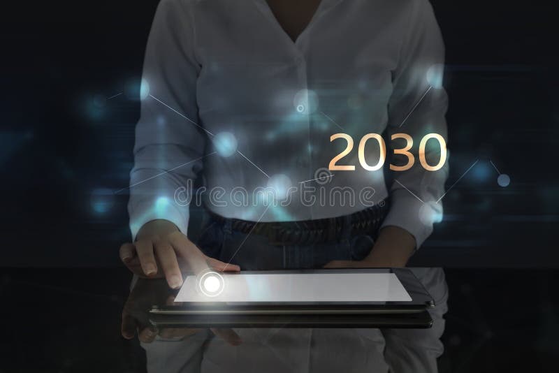 Business Woman Works on Digital Screen about 2030 Stock Image - Image ...