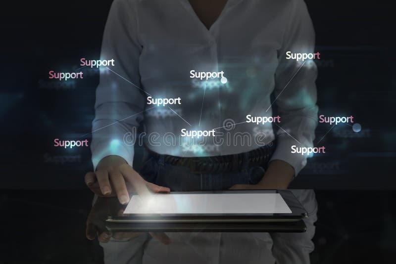 Business Woman Works on Digital Screen about Support System Stock Photo ...