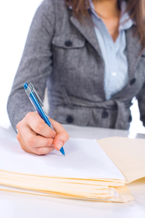 Business Woman Writing Notes at Desk Stock Photo - Image of listening ...