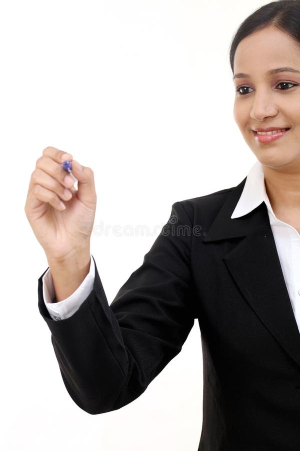 Business Woman Writing with Pen on Virtual Screen Stock Image - Image ...