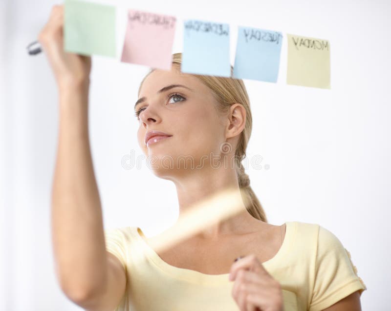 Business Woman, Writing and Schedule Planning on Sticky Notes or Glass ...