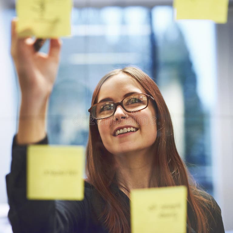 Business, Woman and Writing on Sticky Notes on Glass Wall for ...