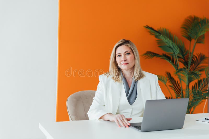 Business Woman 45 Years Old with Laptop Study in Office Stock Photo ...