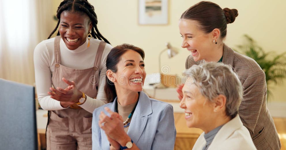 Business Women, Computer and Applause for Teamwork, Feedback and ...