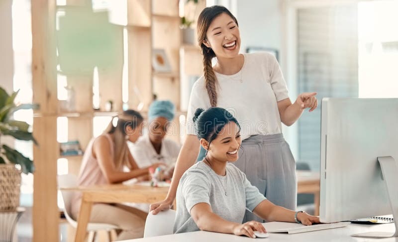 Business Women Computer And Laughing In Office Teamwork Digital