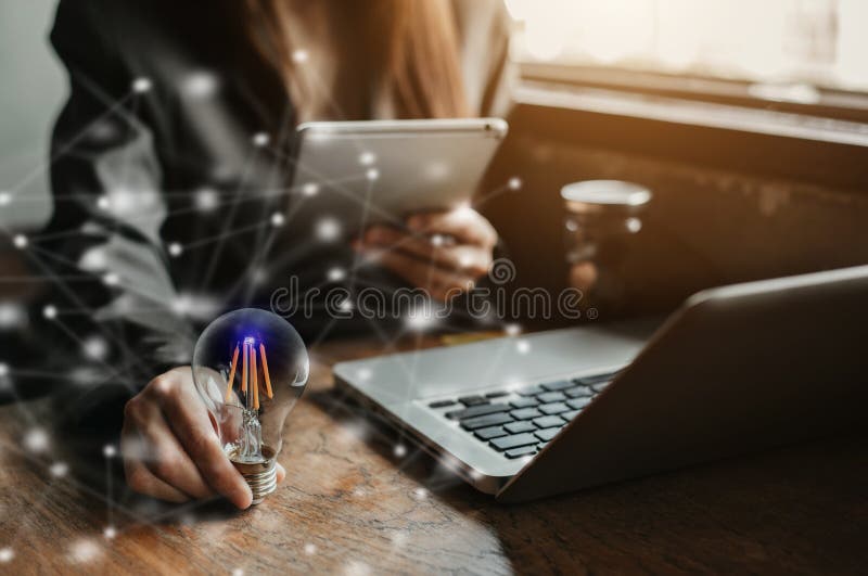 Business Women Hand Showing Creative Business Strategy with Light Bulb ...