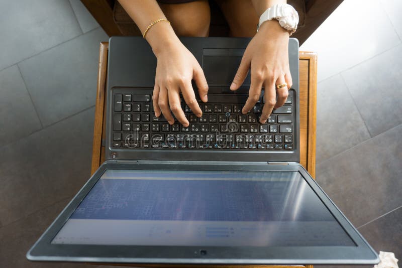 Business Women Hand Working with Laptop. Top View. Stock Photo - Image ...