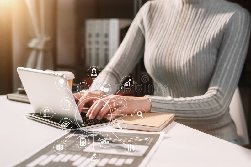 Business Women Hand Working with Tablet and Laptop Computer with ...