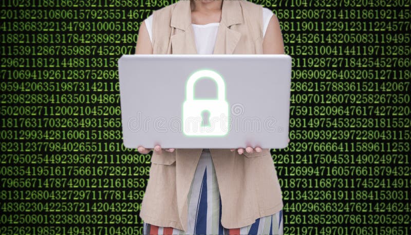 Business Women Holding Laptop with Cyber Security Firewall Stock Image ...
