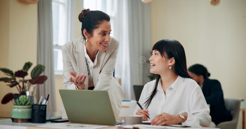 Business Women, Laptop and Teamwork in Office for Advice, Training and Problem Solving ...