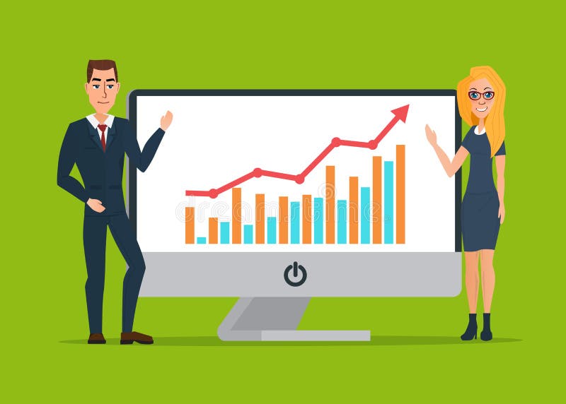 Business Women and Men Present Graphs on the in Computer Laptop Stock ...