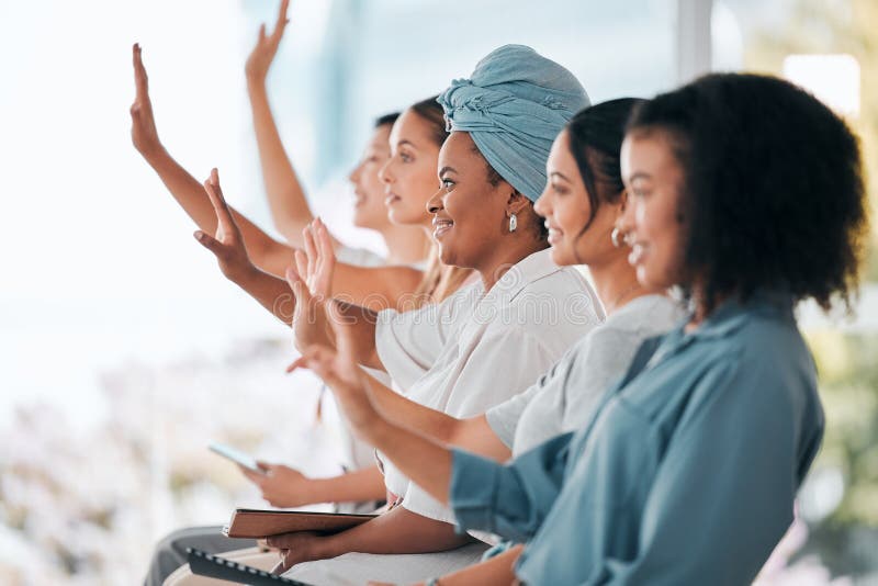 Business Women Question Hands Raised In Diversity Inclusion And