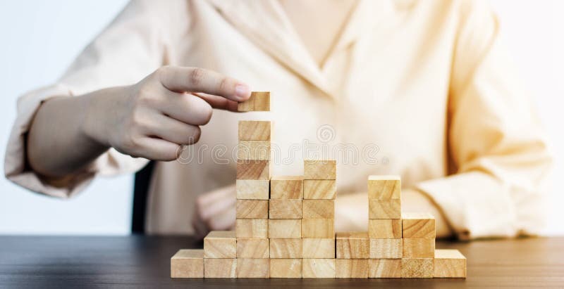 Business Women Stacking Wooden Blocks. Stock Image - Image of ...