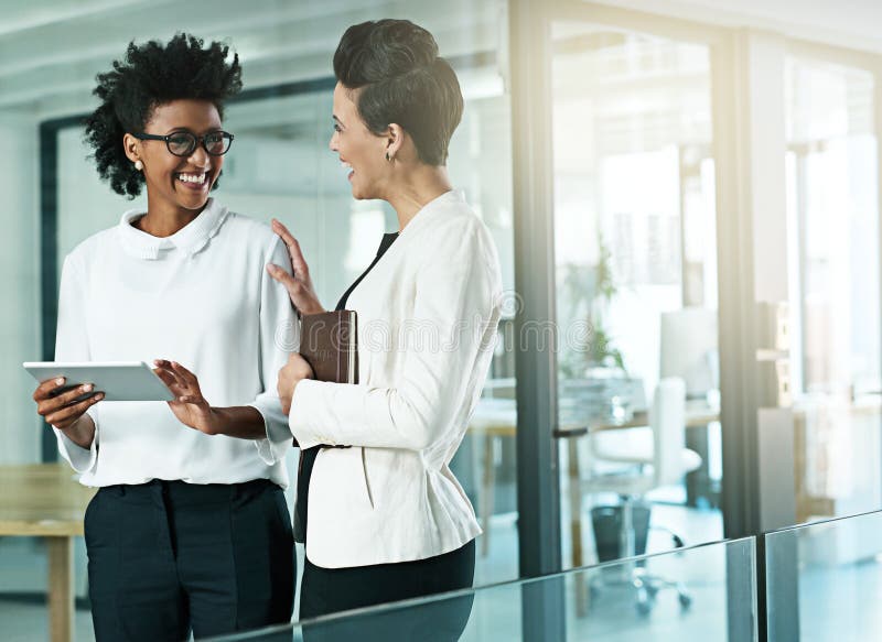 Business Women, Tablet and Talking or Planning in Office for ...