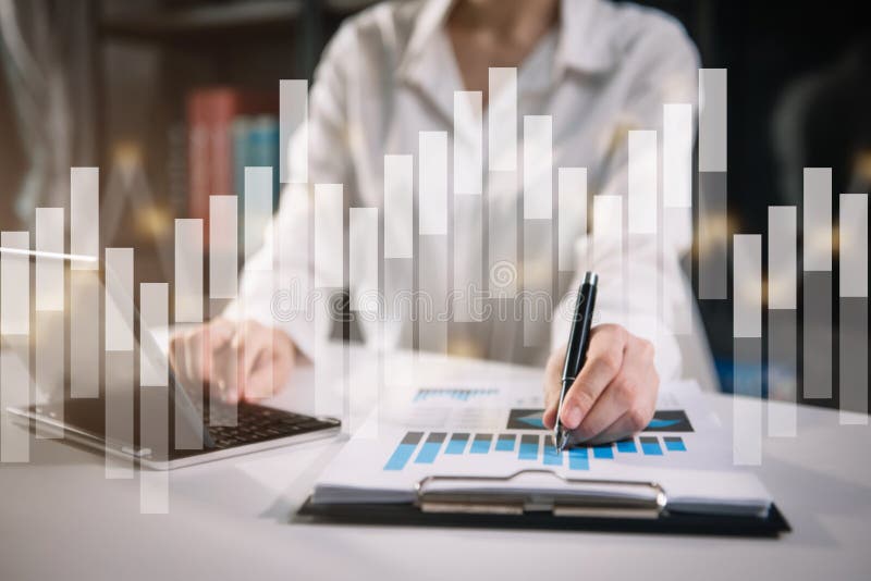 Business Women Using Digital Tablet Analyzes Business Data, Busy ...