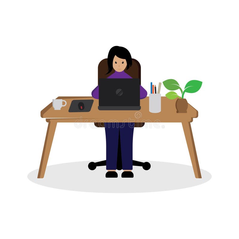 Business Women Work at Computer Desks Cartoon Logo Stock Illustration ...