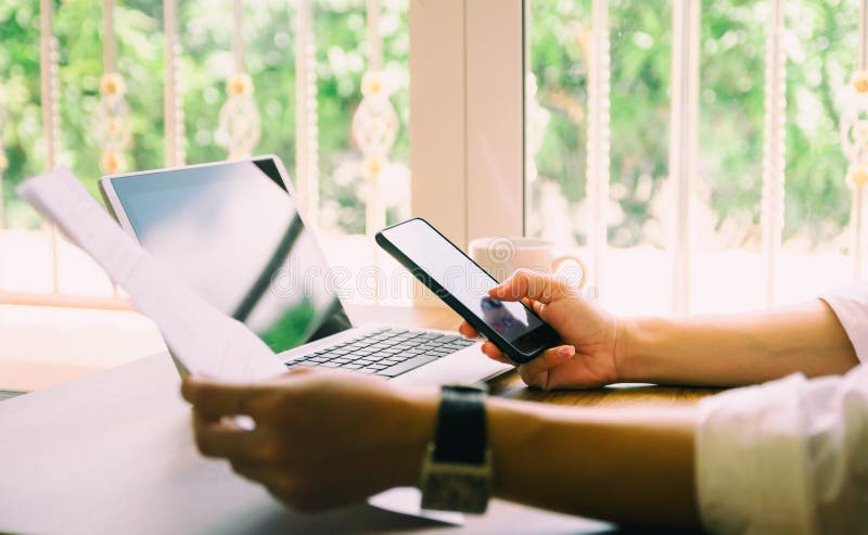 Business Work and Computer Technology the Desk Notebook on Wood Table ...