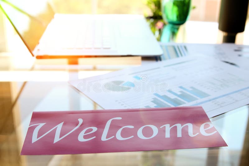 Business Work Place with Welcome Sign on the Table in the Office Stock ...
